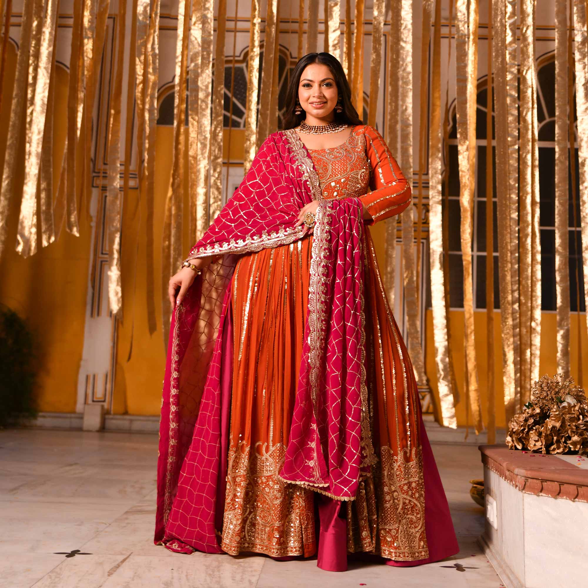 Buy Rosette Royale - Rust Orange & Deep Pink Anarkali Skirt Set | Meera Plus Size