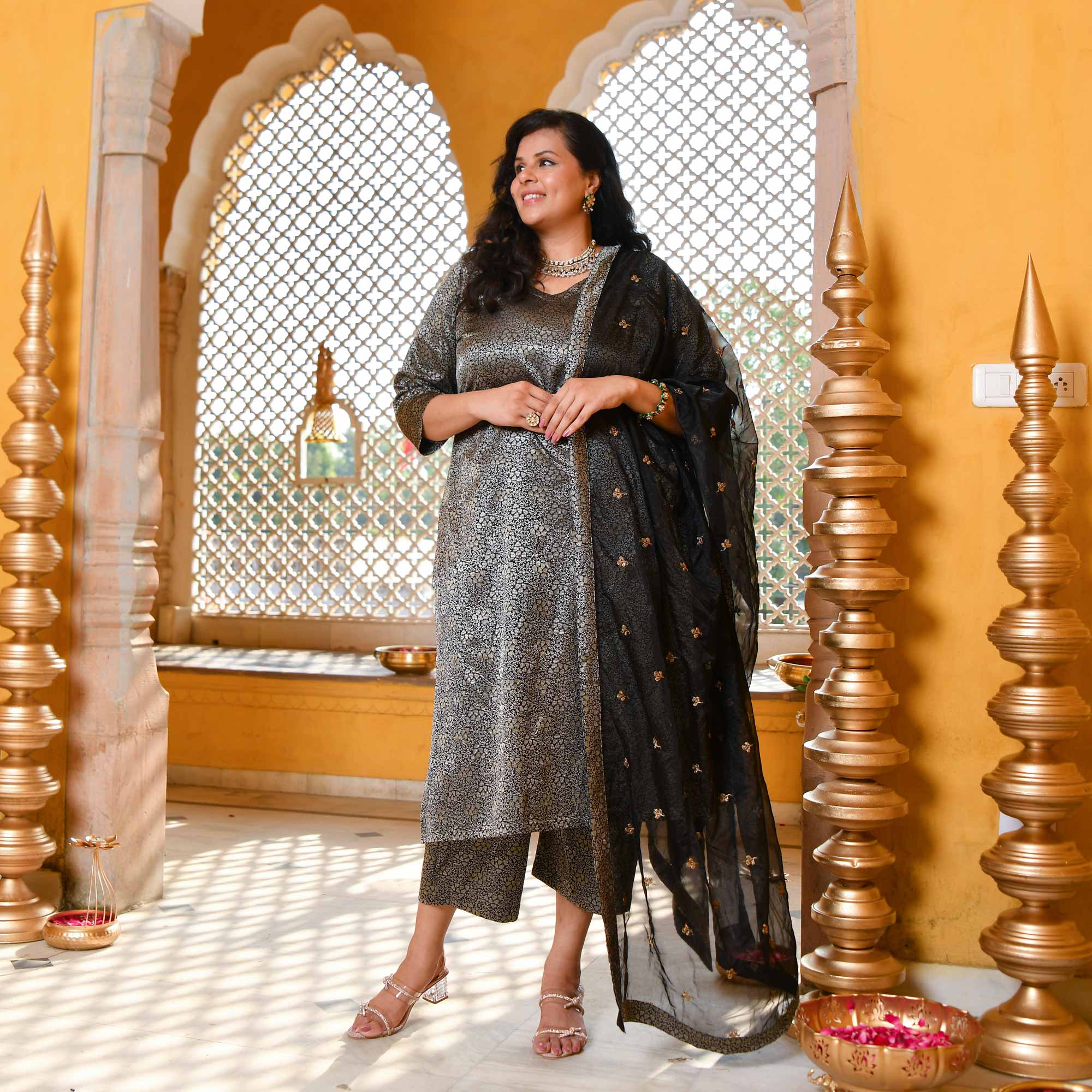 Buy Timeless Black Luxe Banarasi Brocade Suit Set | Meera Plus Size