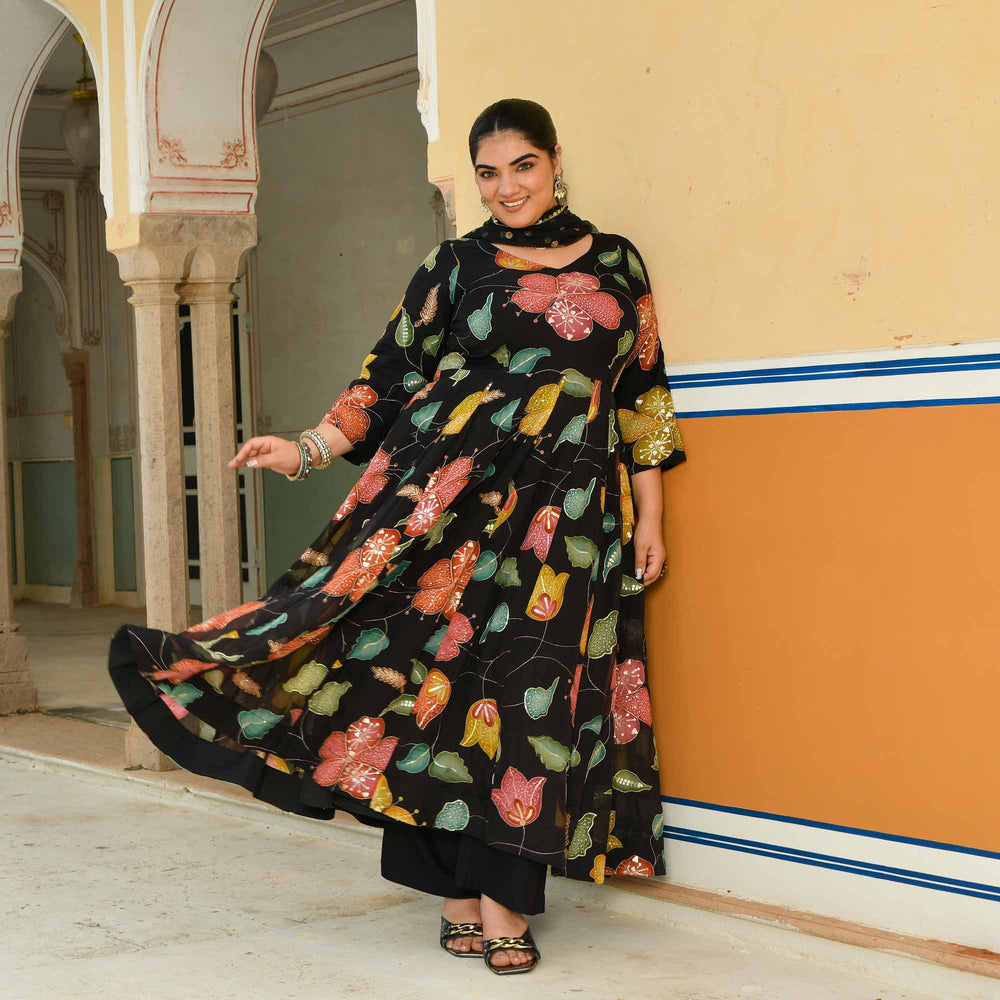 Selina Black Floral Anarkali Set – Plus Size Elegant Ethnic Wear