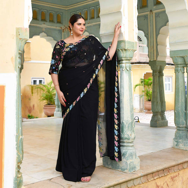 Buy The Queen - Black Multicolor Sequin Embroidered Pre-Drape Saree ...
