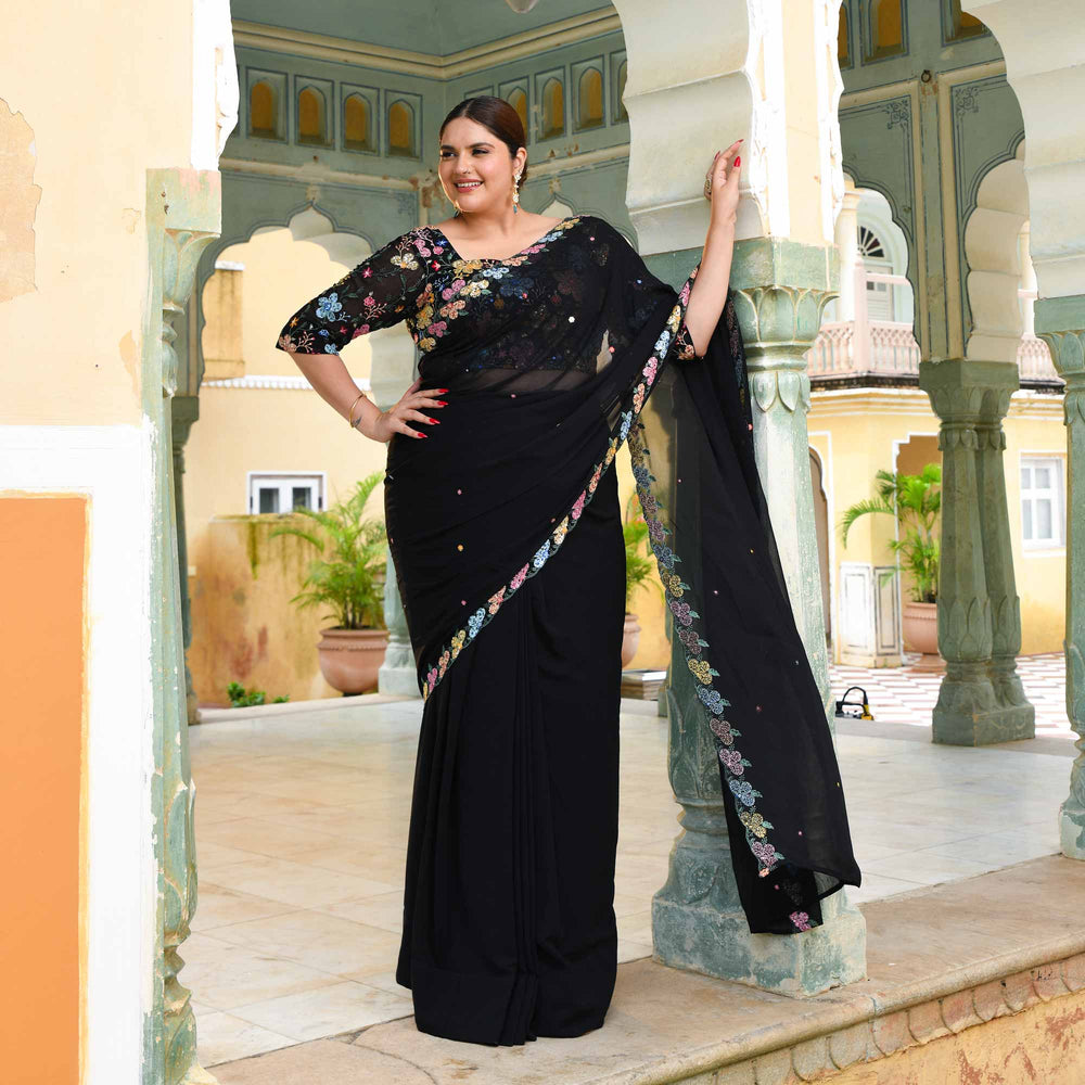 Buy The Queen - Black Multicolor Sequin Embroidered Pre-Drape Saree ...