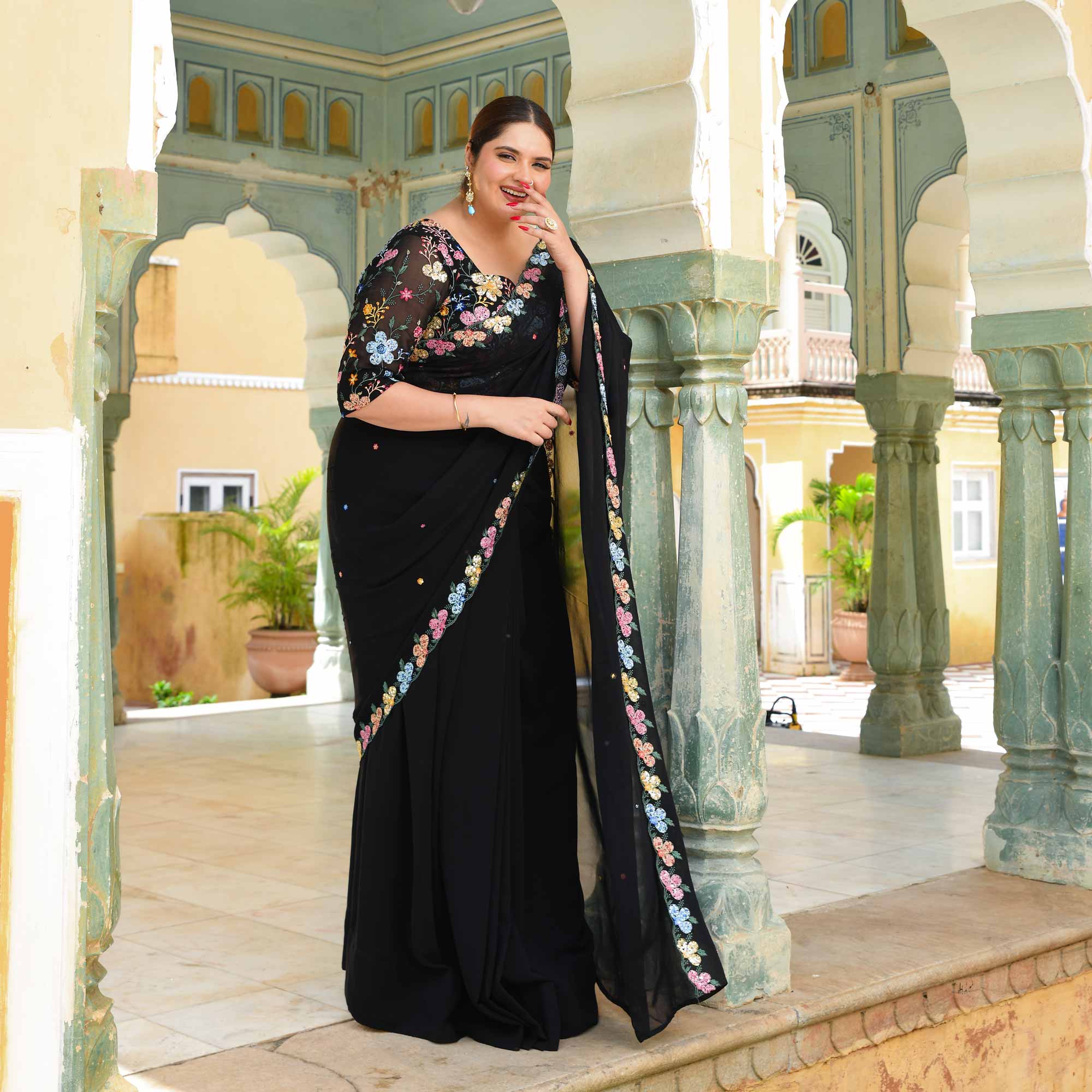 Buy The Queen - Black Multicolor Sequin Embroidered Pre-Drape Saree ...