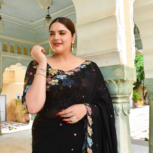 Buy The Queen - Black Multicolor Sequin Embroidered Pre-Drape Saree ...