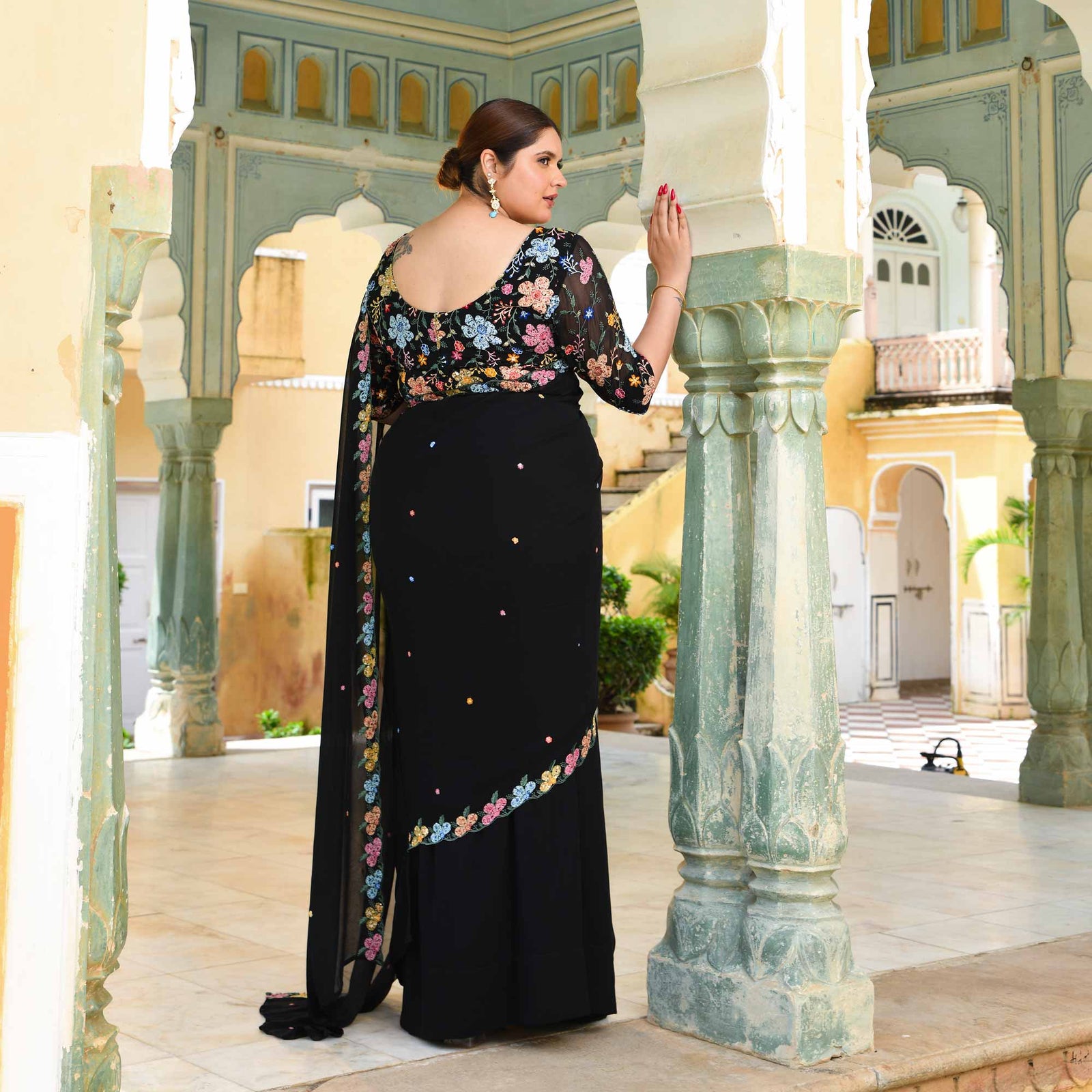 Buy The Queen - Black Multicolor Sequin Embroidered Pre-Drape Saree ...