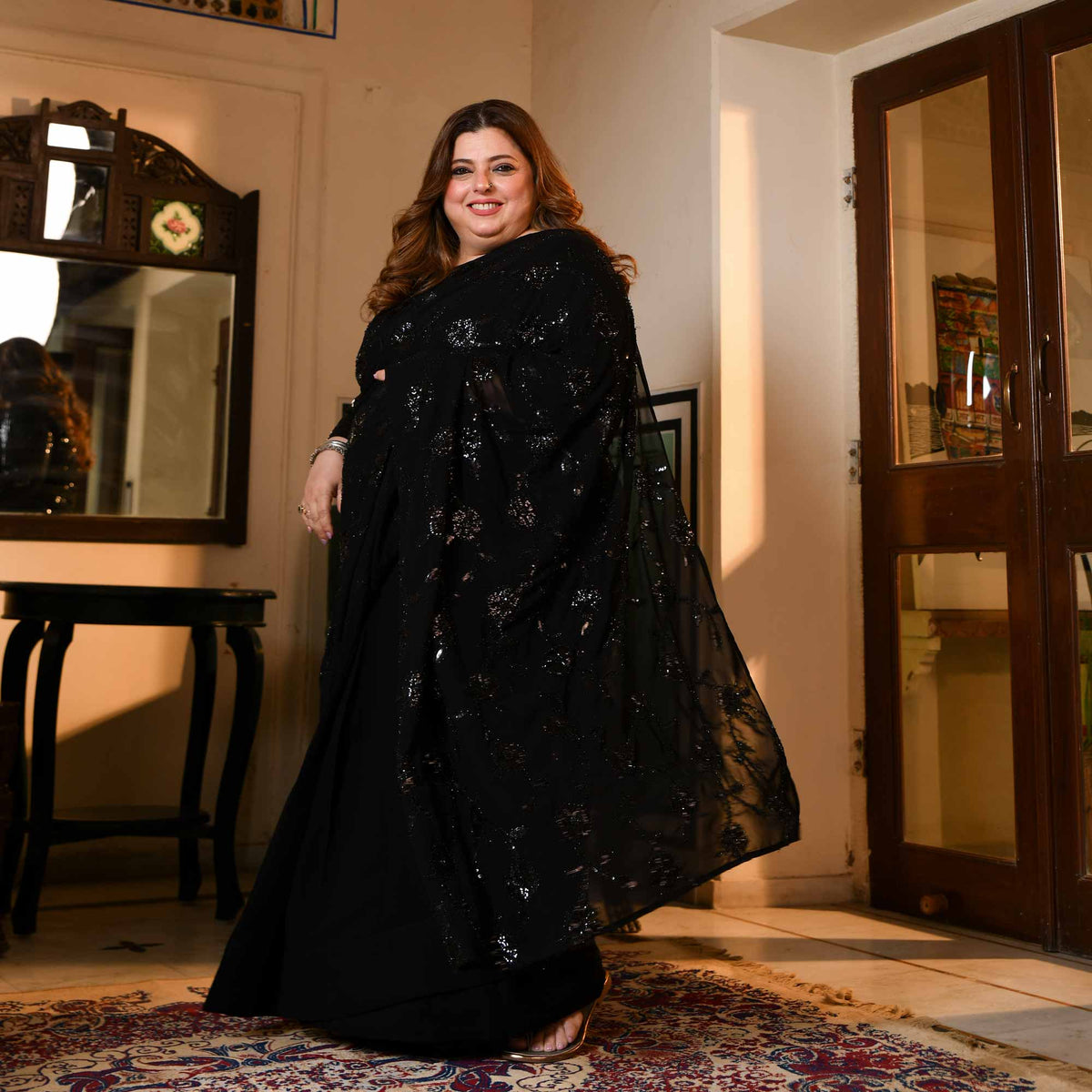 Buy Her Highness- Black Georgette Cutdana & Embroidered Drape Saree ...