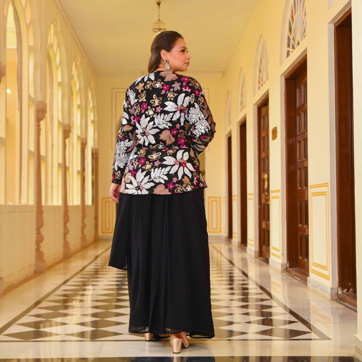 Buy Black Rose Drape Saree with Sequin Embroidered Blazer | Meera Plus Size