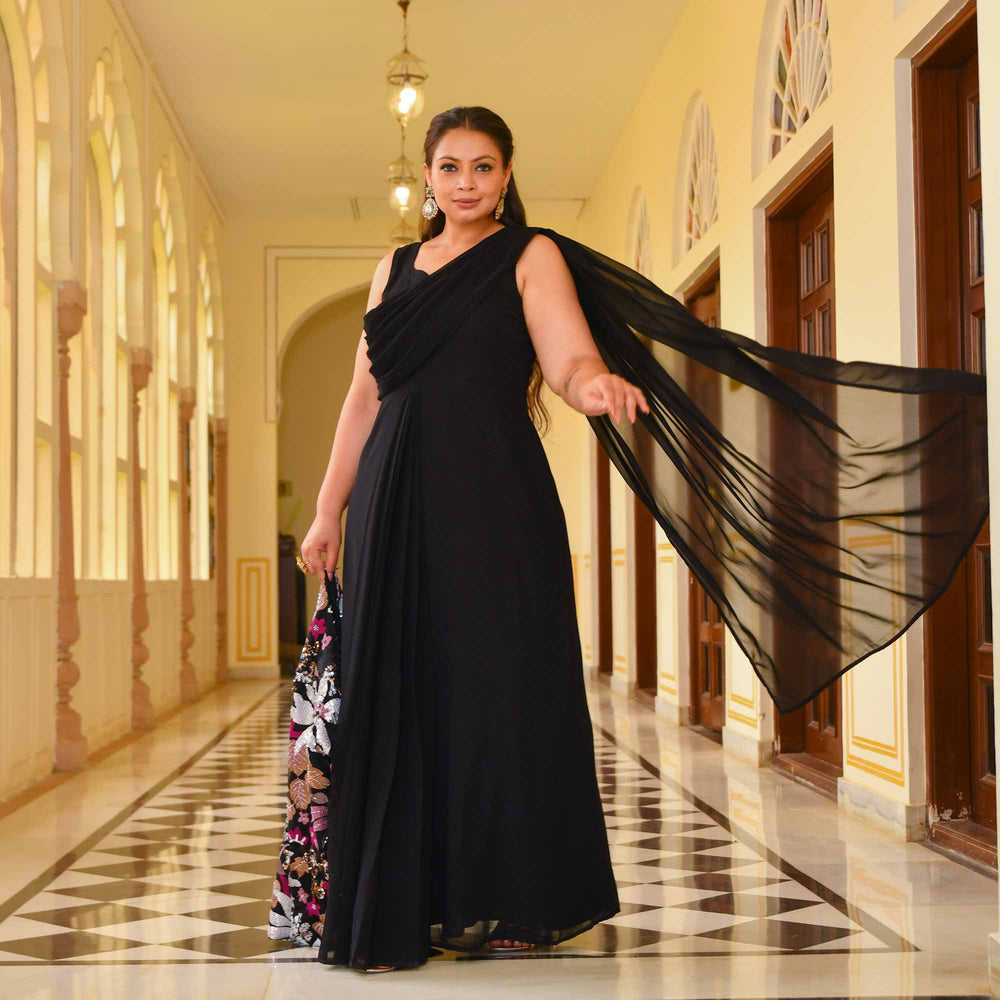 Buy Black Rose Drape Saree with Sequin Embroidered Blazer | Meera Plus Size