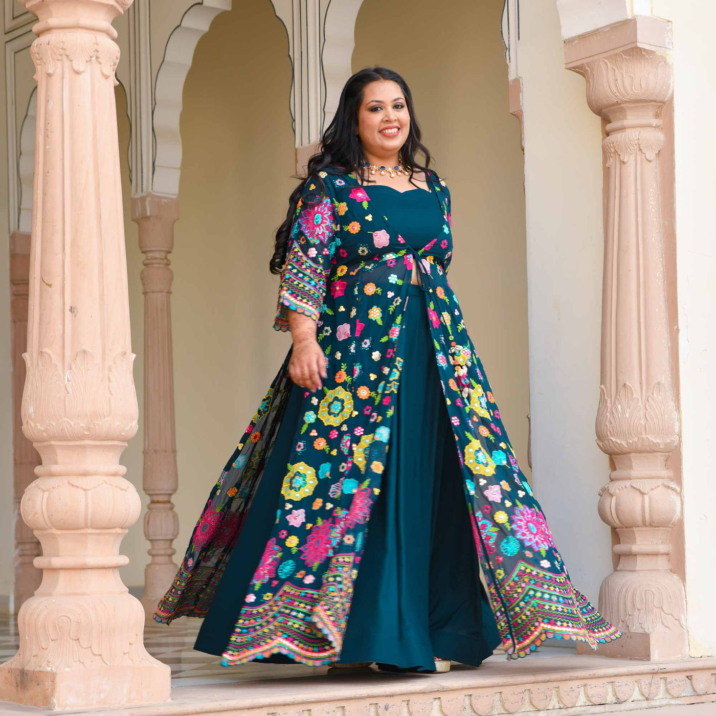 Buy Prussian Blue Floral Embroidered Georgette Cape Set | Meera Plus Size
