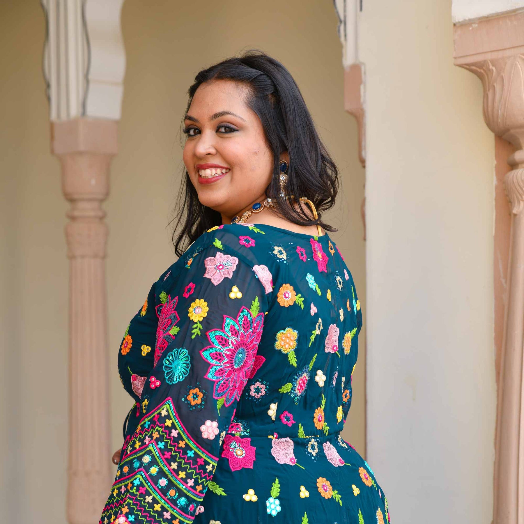 Buy Prussian Blue Floral Embroidered Georgette Cape Set | Meera Plus Size