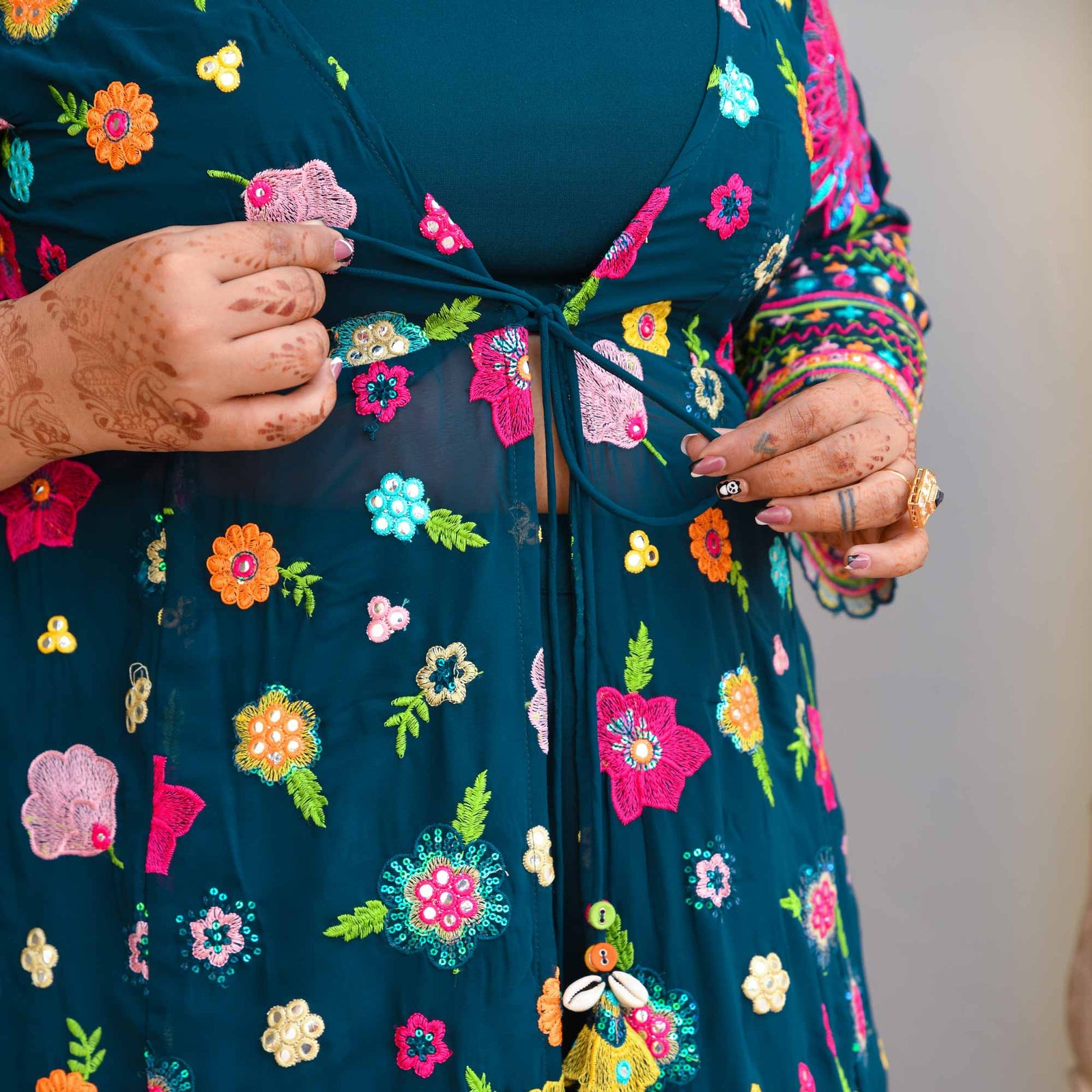 Buy Prussian Blue Floral Embroidered Georgette Cape Set | Meera Plus Size