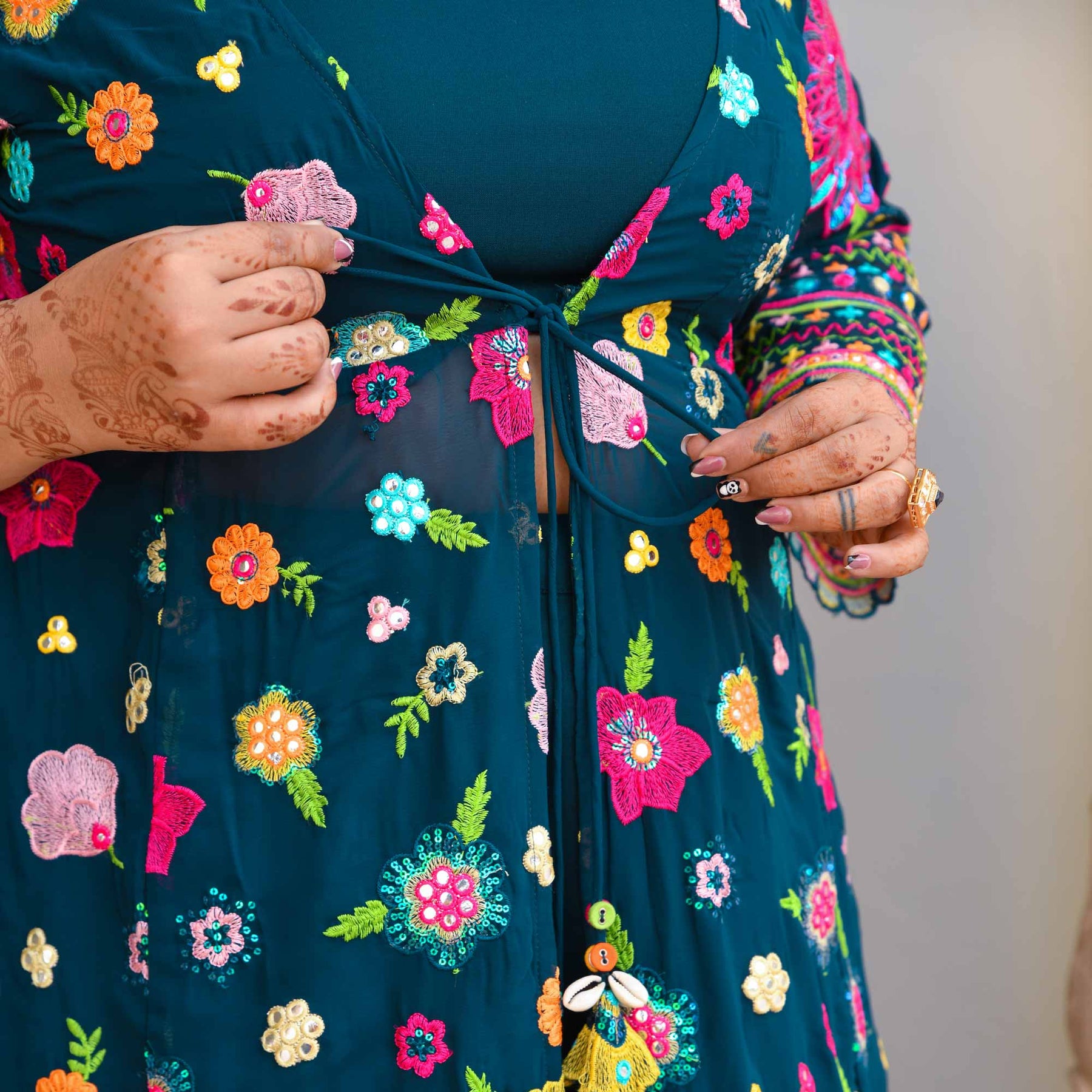 Buy Prussian Blue Floral Embroidered Georgette Cape Set | Meera Plus Size