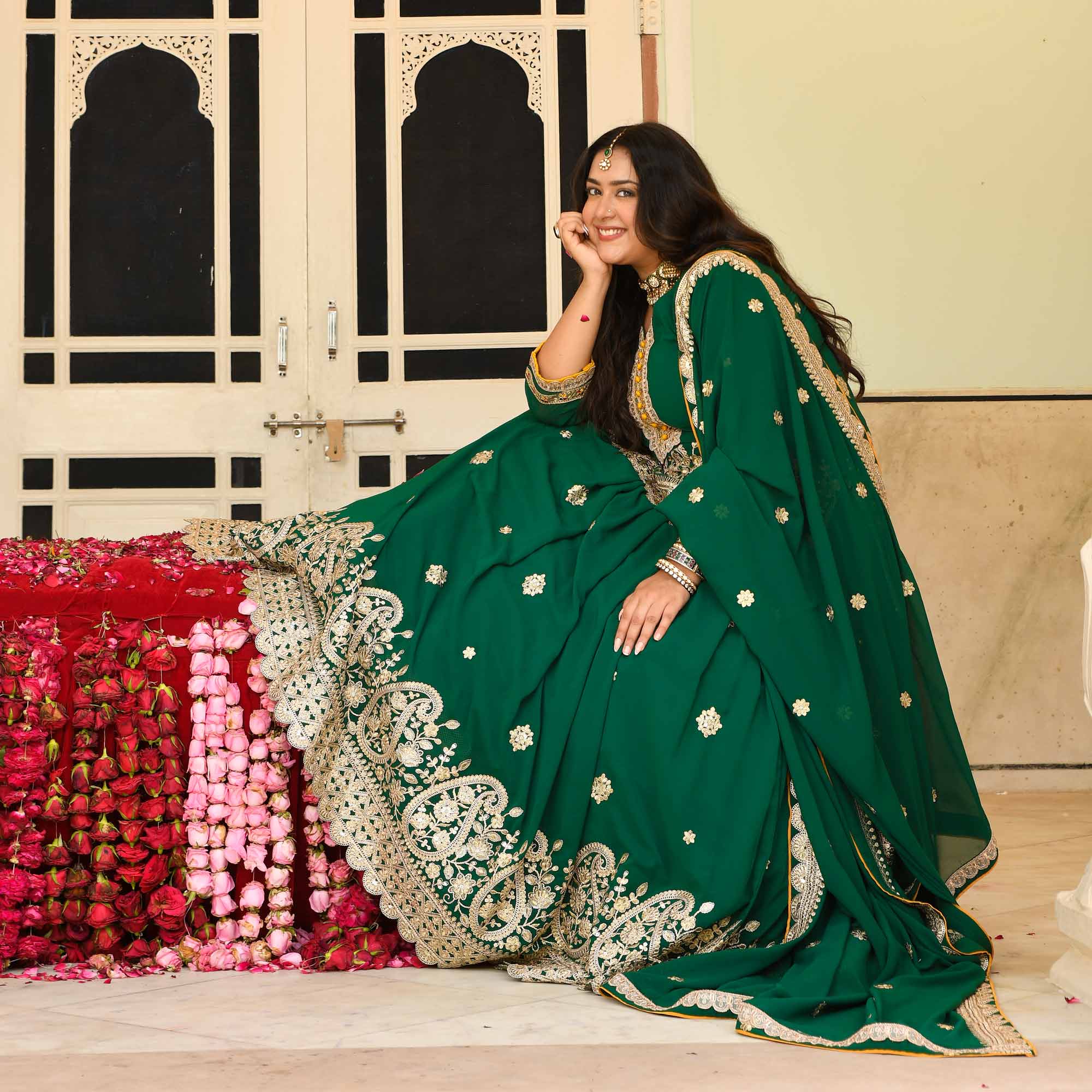Pan Petha Dark Green Plus Size Embroidered Georgette Lehenga Set