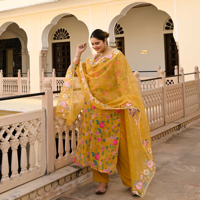 Buy Yellow Spring Floral Georgette Suit Set | Meera Plus Size