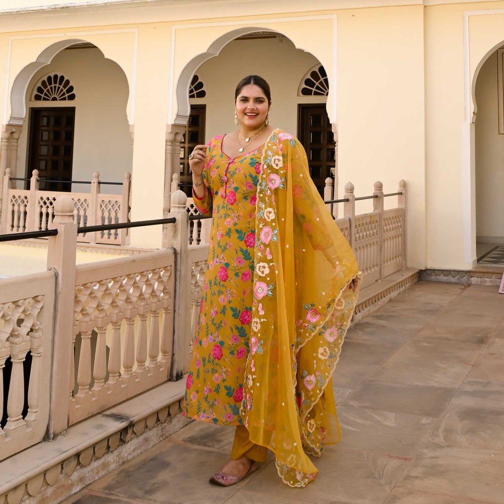 Buy Yellow Spring Floral Georgette Suit Set | Meera Plus Size