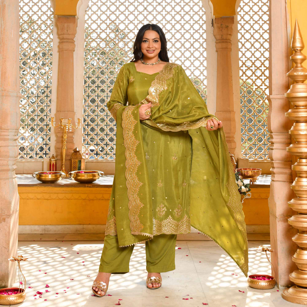 Buy Lush Lime Green Pure Tissue Silk Suit Set | Meera Plus Size