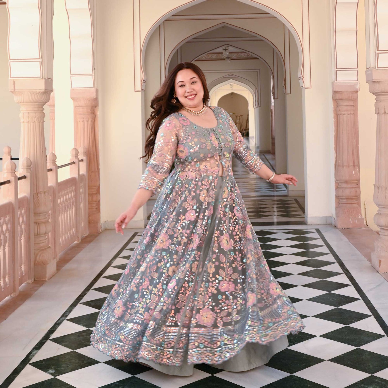Silver Luster Floral Sequin Embroidered Net Cape Set-Plus Size Clothing ...