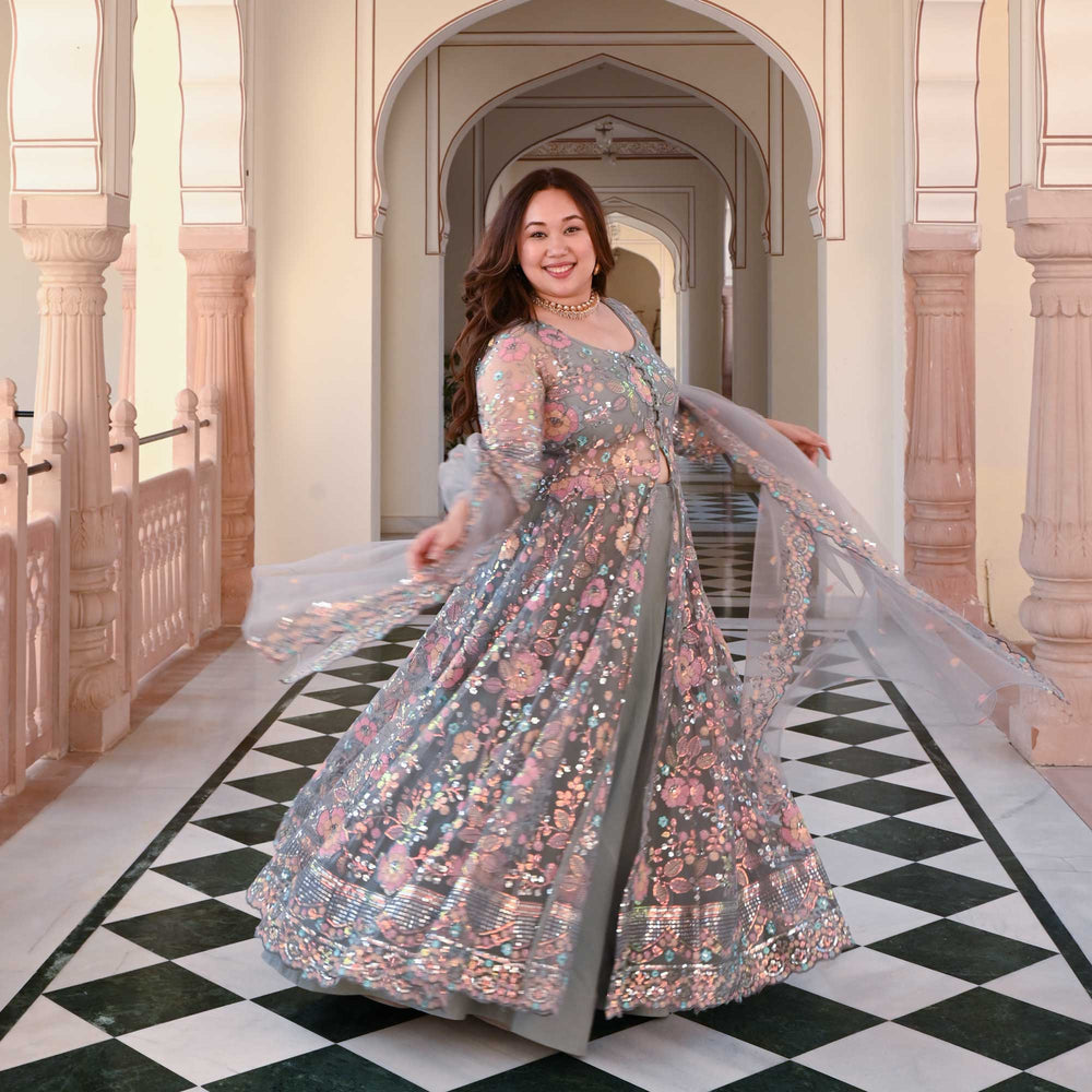 Buy Silver Luster Floral Sequin Embroidered Net Cape Set | Meera Plus Size