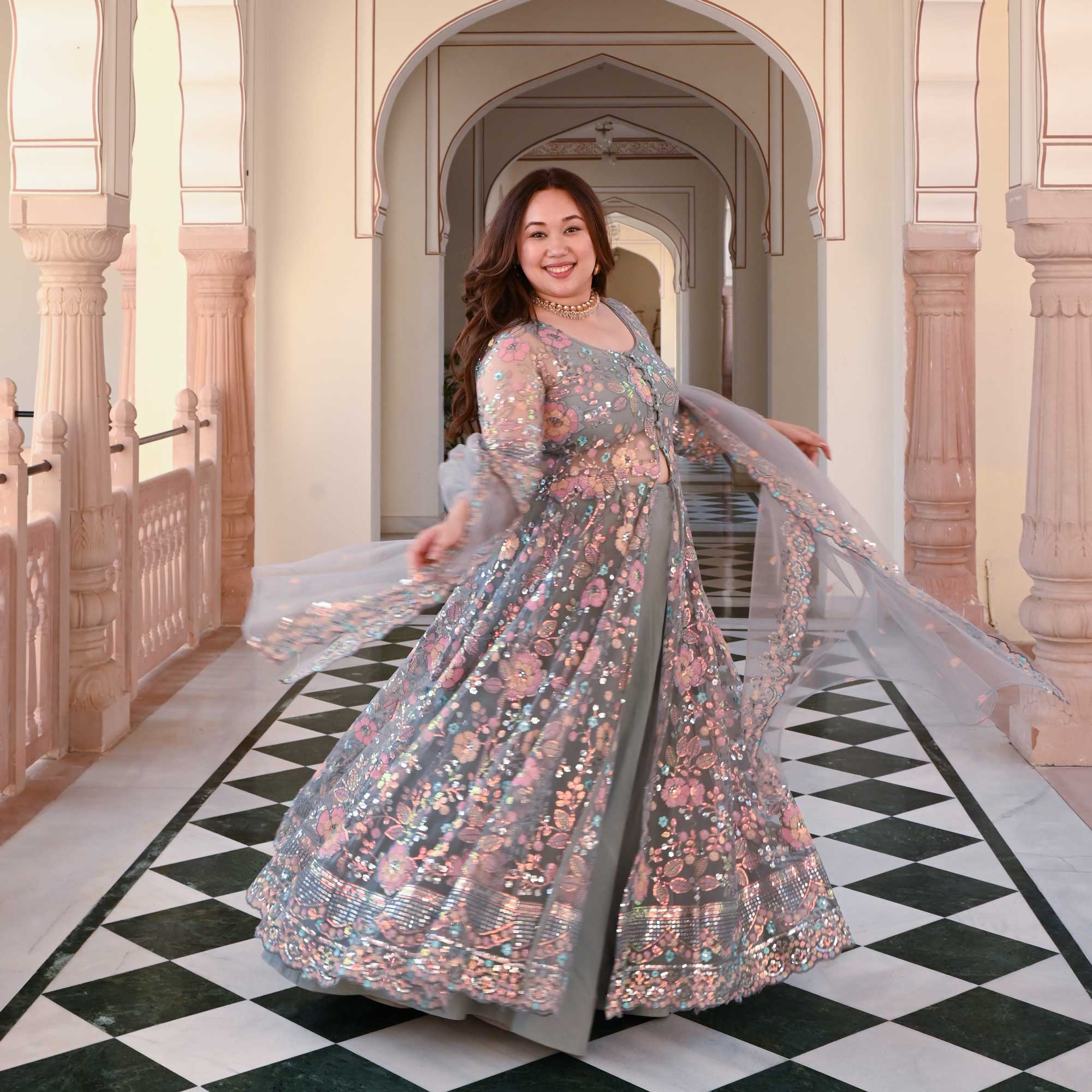 Buy Silver Luster Floral Sequin Embroidered Net Cape Set | Meera Plus Size