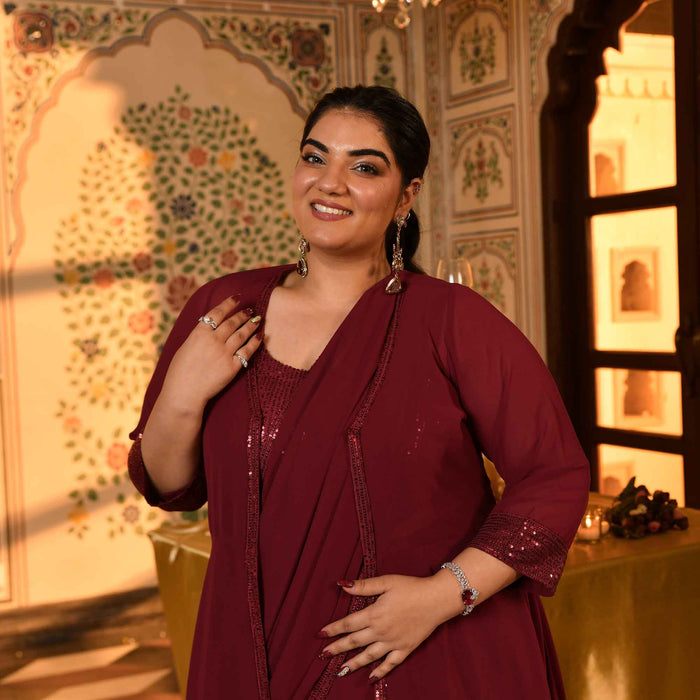 Jack Rose Maroon Sequin Plus Size Drape Saree with Cape | Meera's