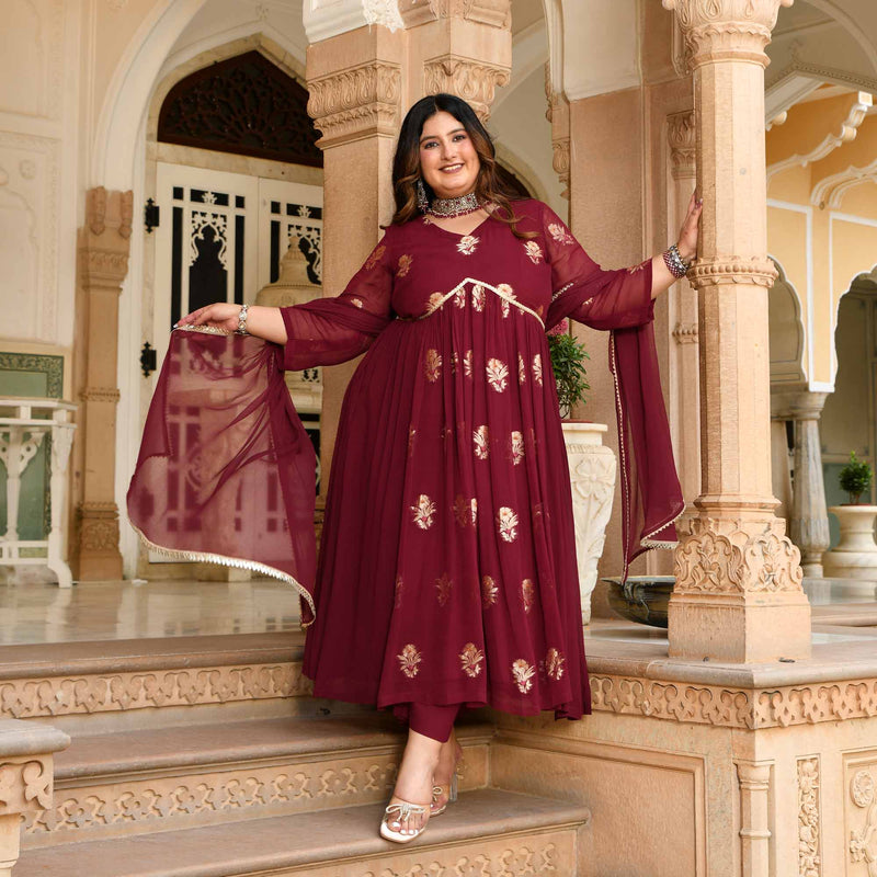 Aalta Maroon Banarasi Georgette Aliya Cut Suit Set | The Plus Size Store