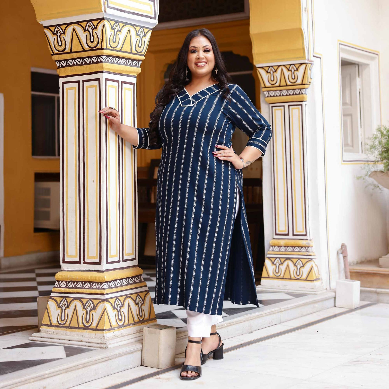 Blissfull Streaks Cotton Lycra Kurta - Plus Size Clothing(XS-10XL)