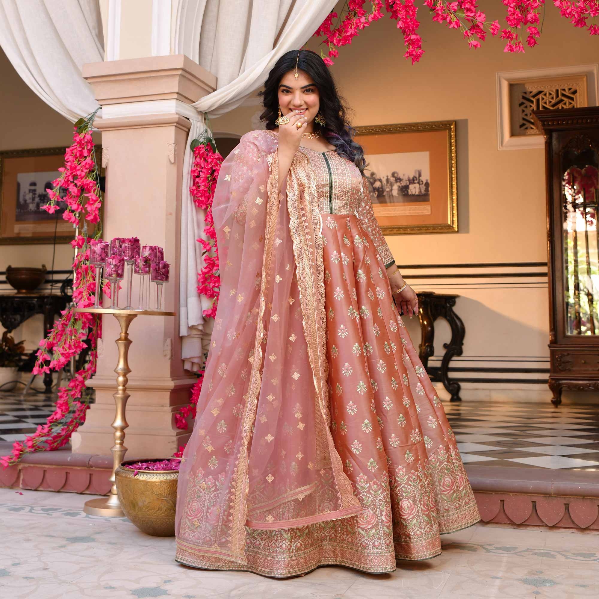 Buy Reva Peachy Pink Fusion Anarkali Set | Meera Plus Size