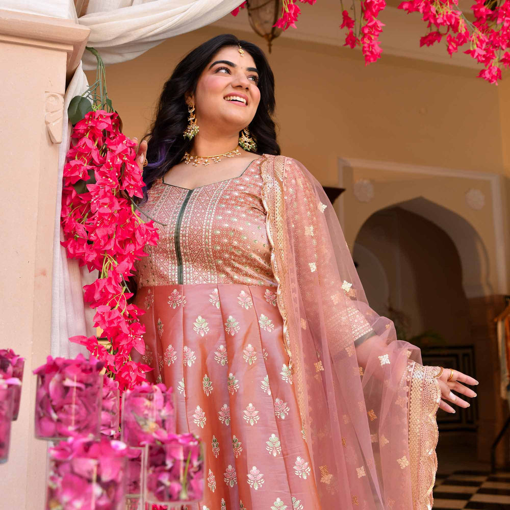 Buy Reva Peachy Pink Fusion Anarkali Set | Meera Plus Size