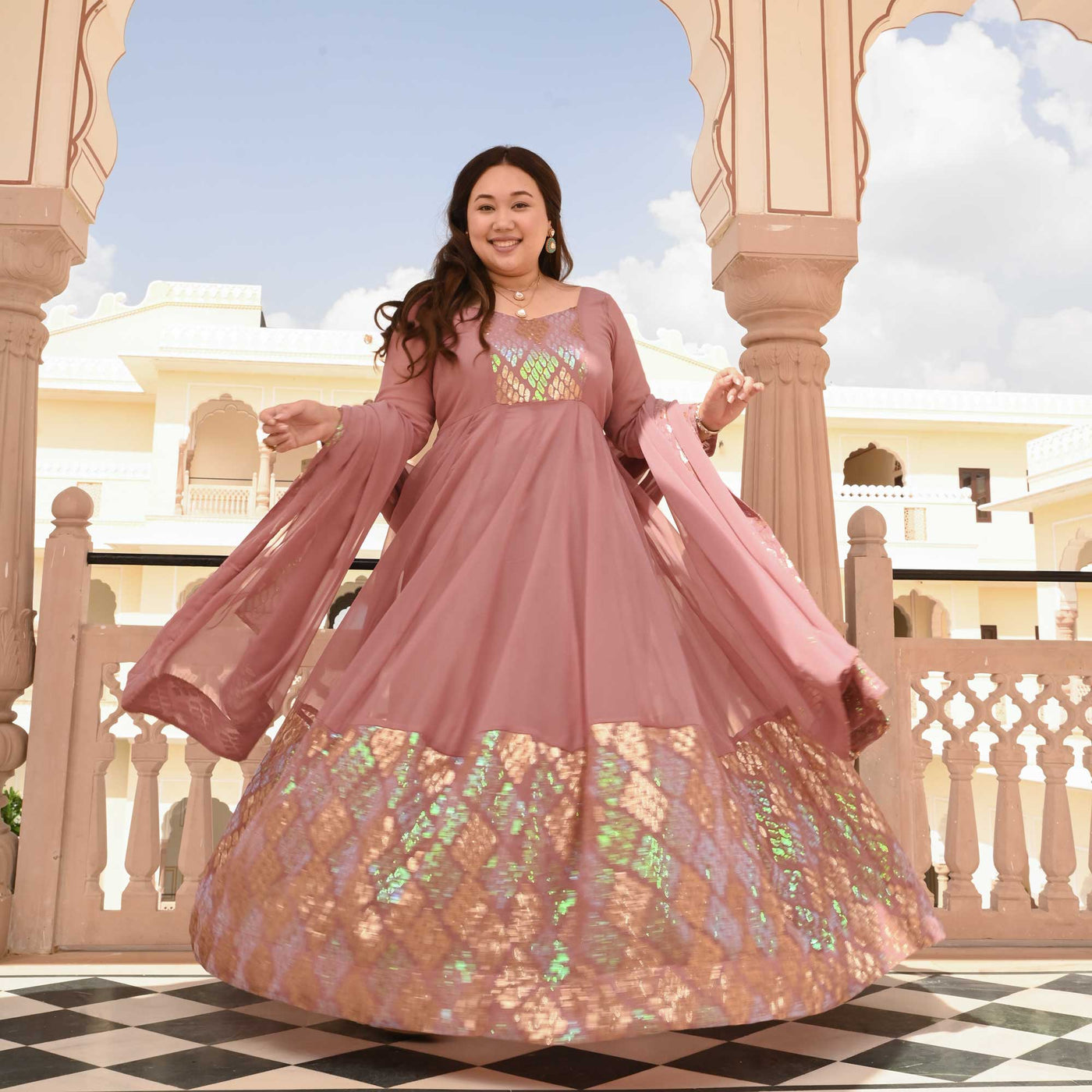Misty Rose Metallic Sequin Embroidered Anarkali Set-Plus Size Clothing ...