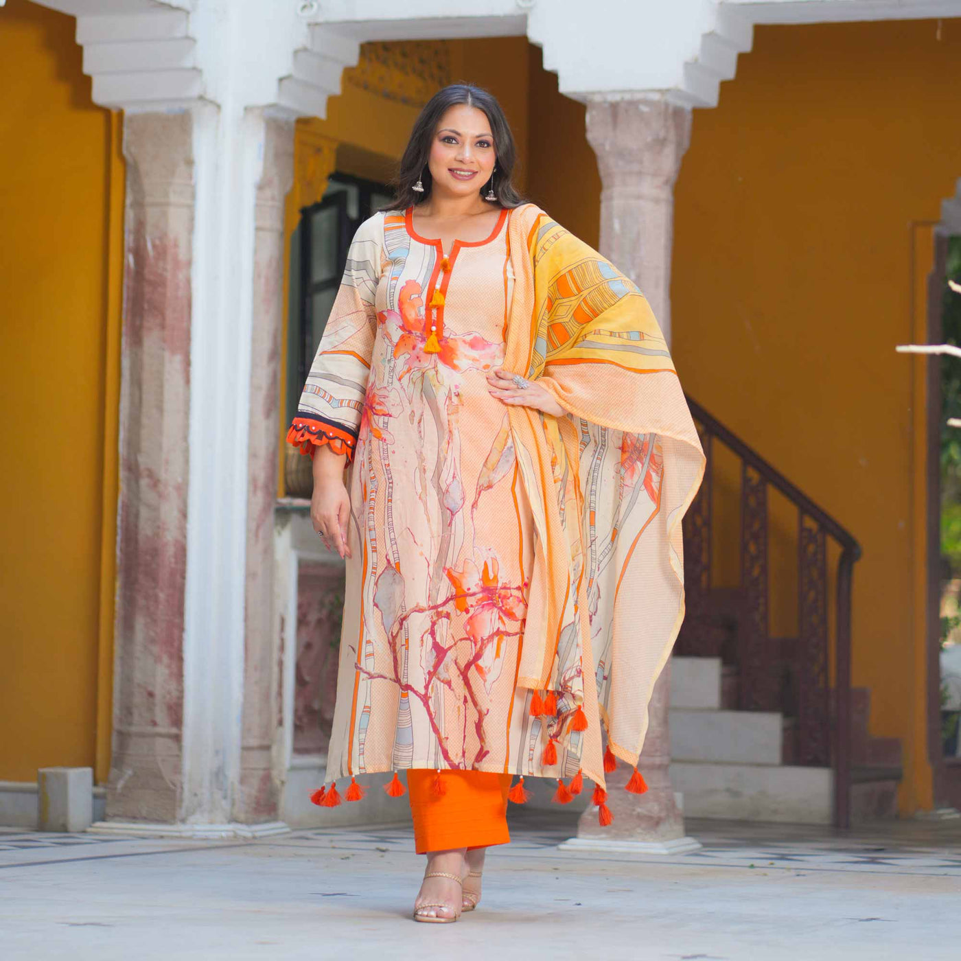 Buy Saffron Sunset Summer Story Cotton Suit Set | Meera Plus Size