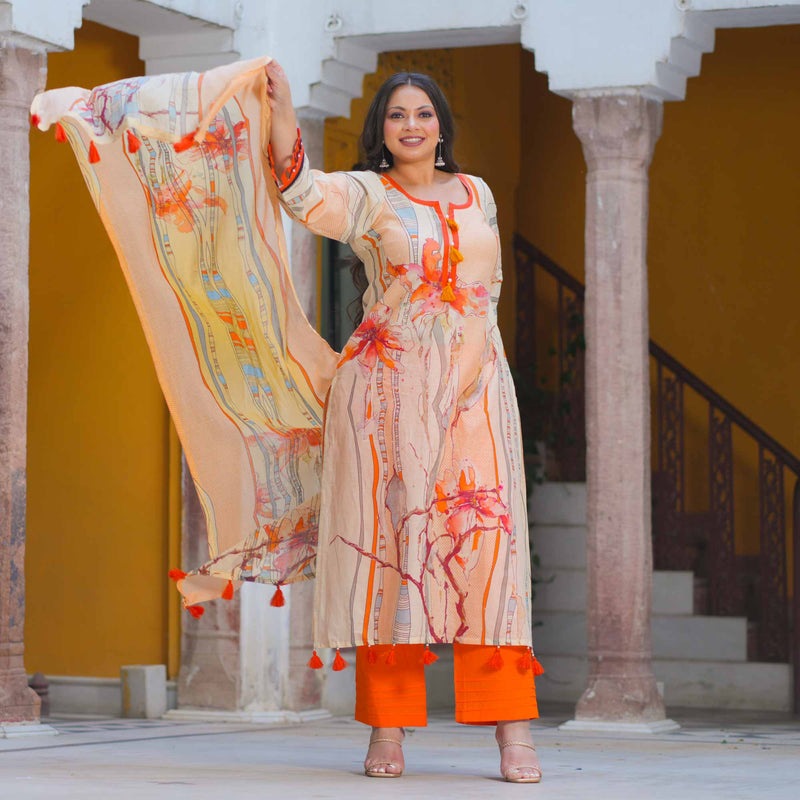 Buy Saffron Sunset Summer Story Cotton Suit Set | Meera Plus Size