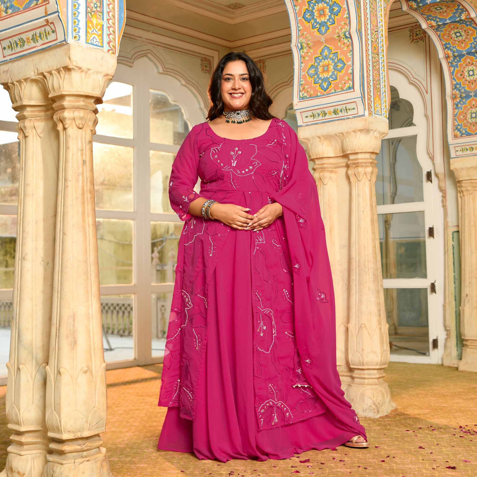 Plus Size Deep Pink Cutdana Anarkali Dress | Meera's ( XS- 10XL )