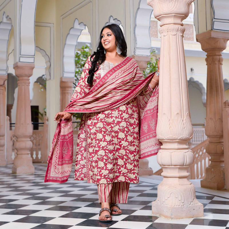 Buy Roseate Floral Sequin Cotton Suit Set | Meera Plus Size