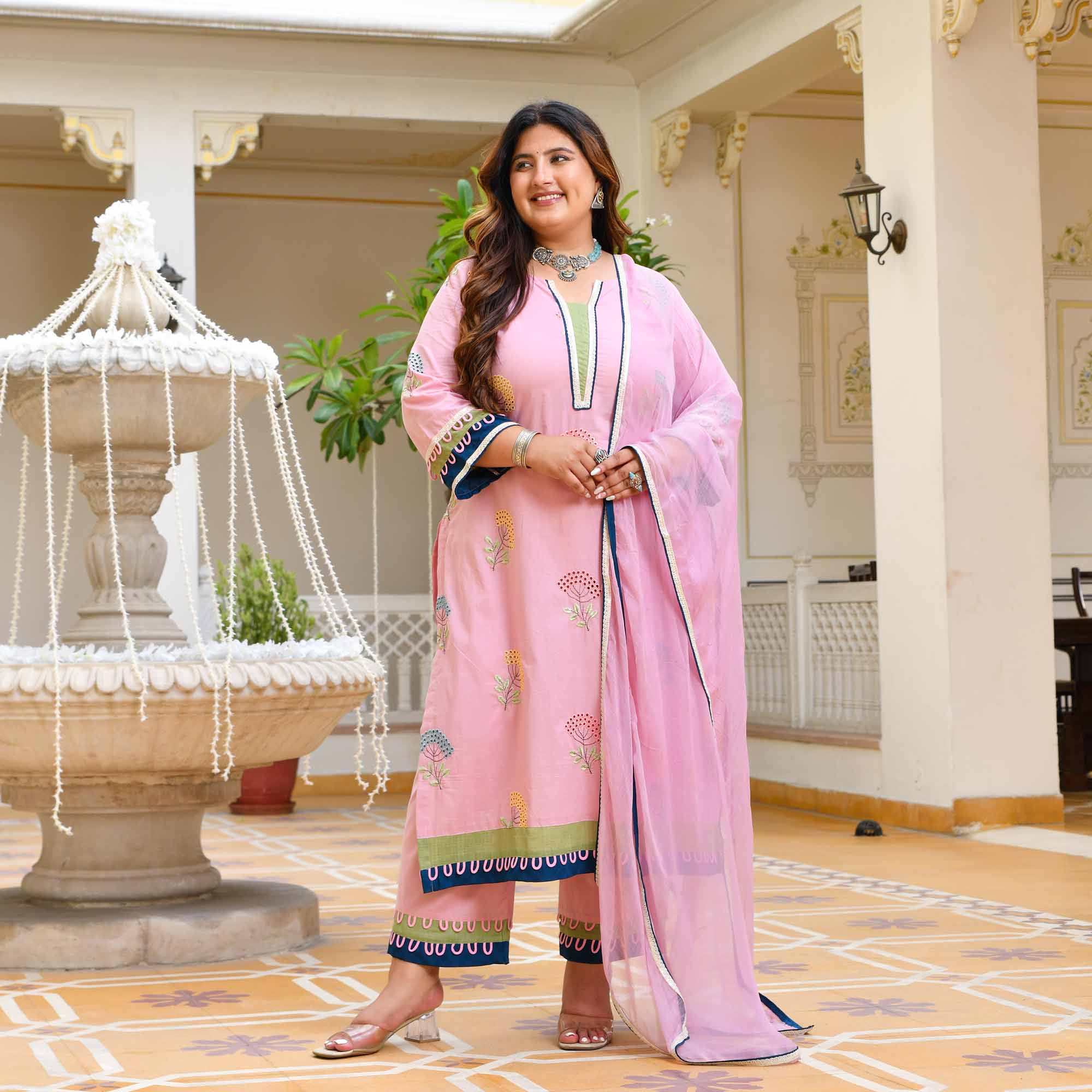 Titli– Pure Cotton Plus Size Embroidered Pink Suit Set | Meera's