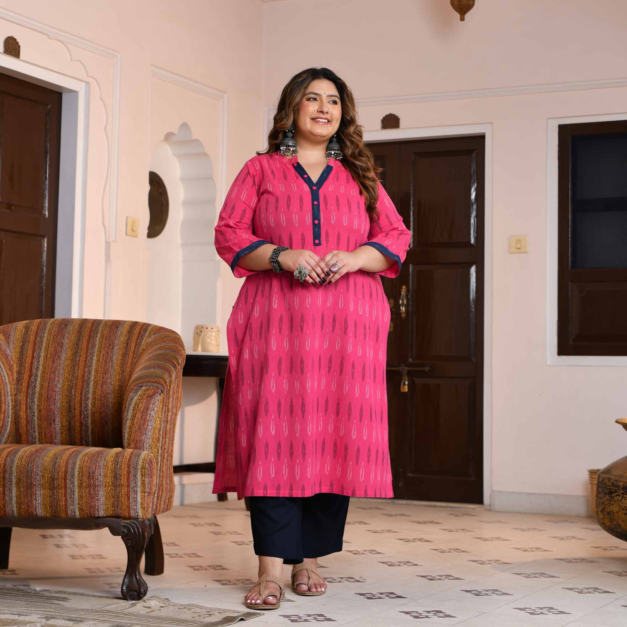 Akira Pink Ikat Cotton Kurta | Plus Size by Meera Creations | XS-10XL