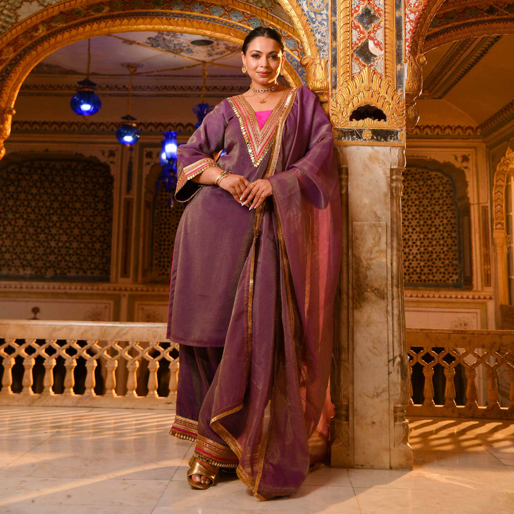 Buy Violet Tissue Silk Mirror Embroidered Suit Set | Meera Plus Size