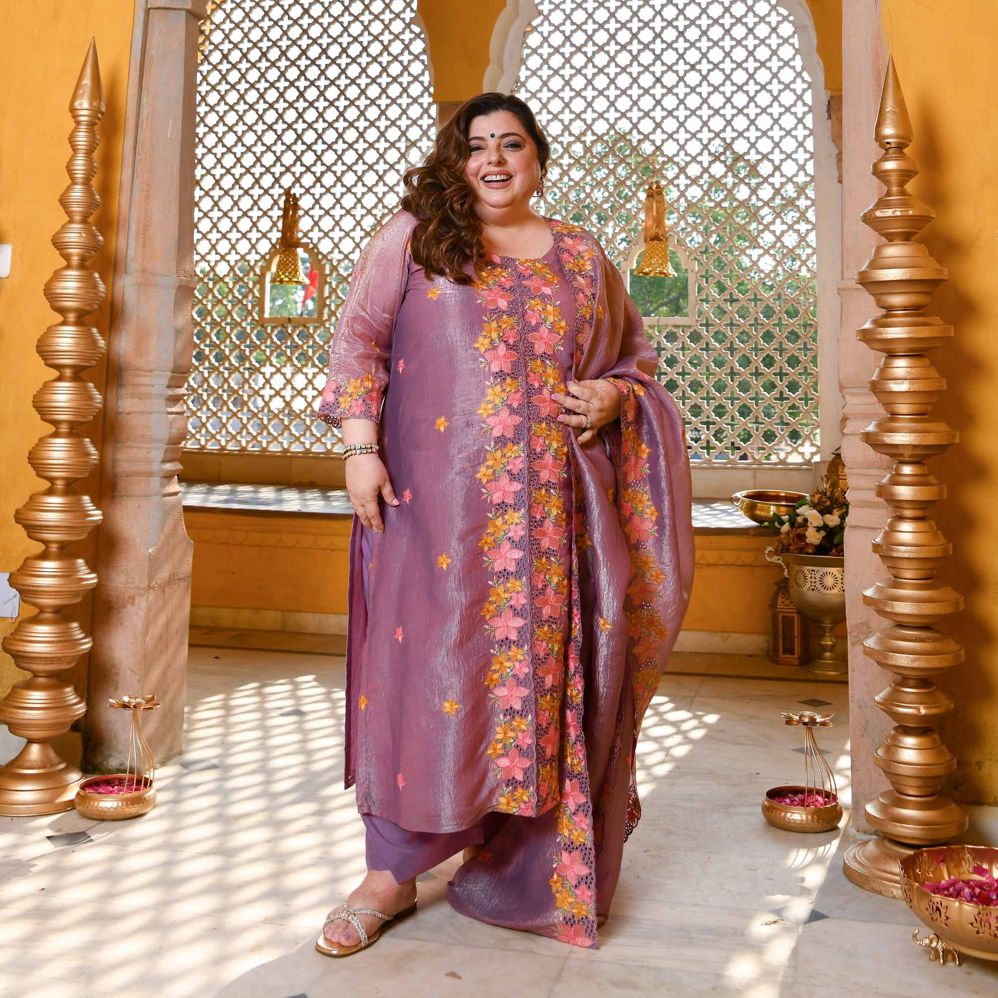 Buy Bloom & Petals Rich Orchid Tissue Silk Suit Set | Meera Plus Size