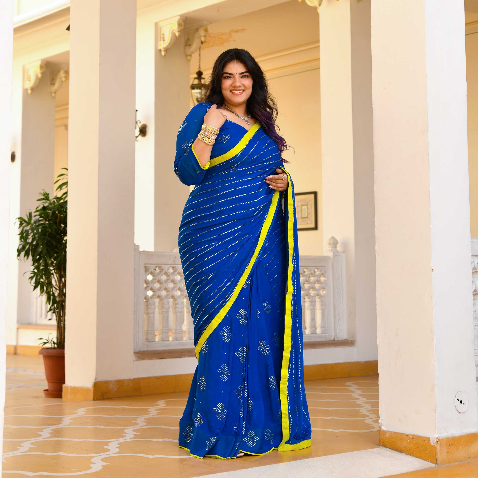 Buy Chandani Leher- Electric Blue & Gold Pre-drape Saree Set | Meera ...
