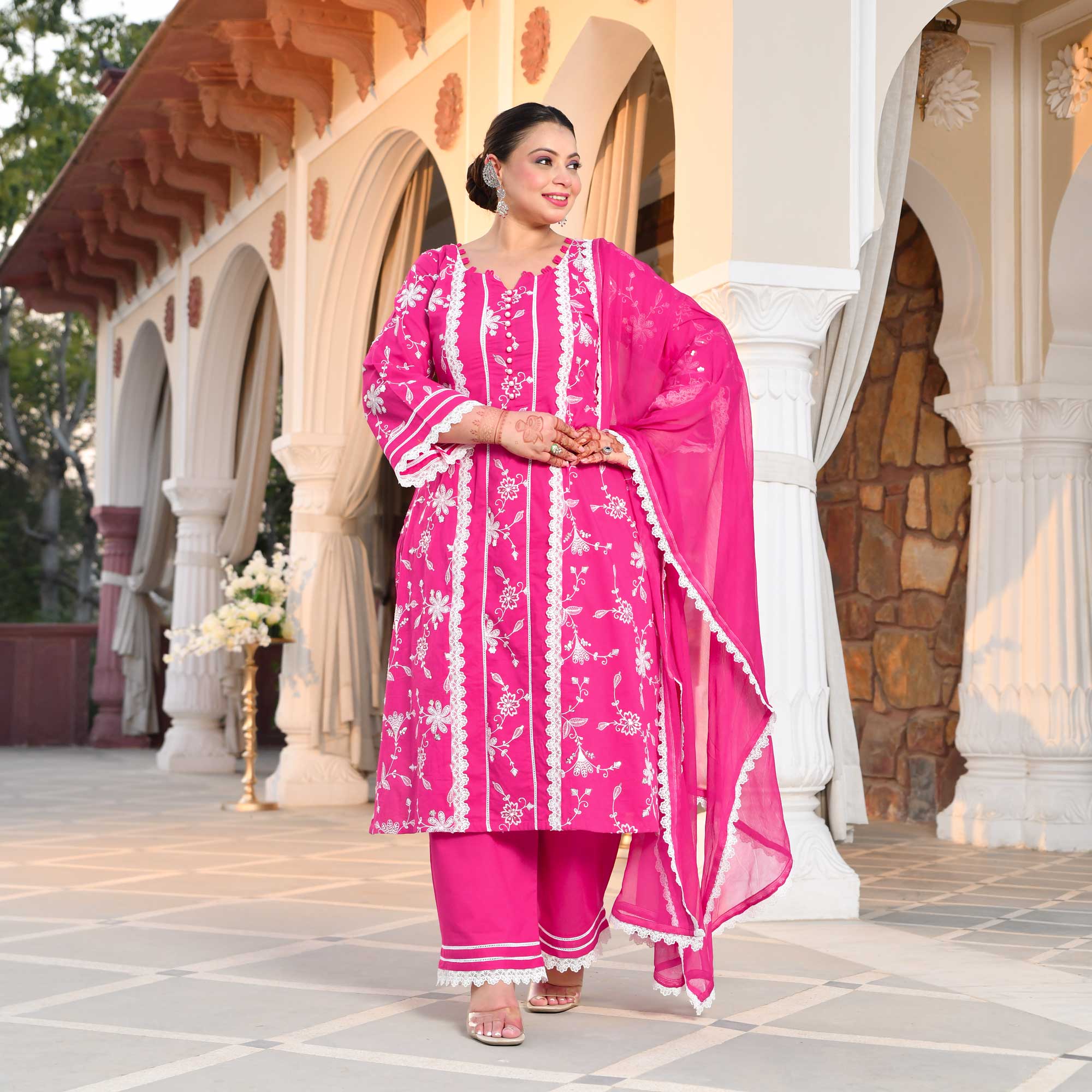 Buy Bougainvillea Pink Cotton Embroidered Suit Set | Meera Plus Size