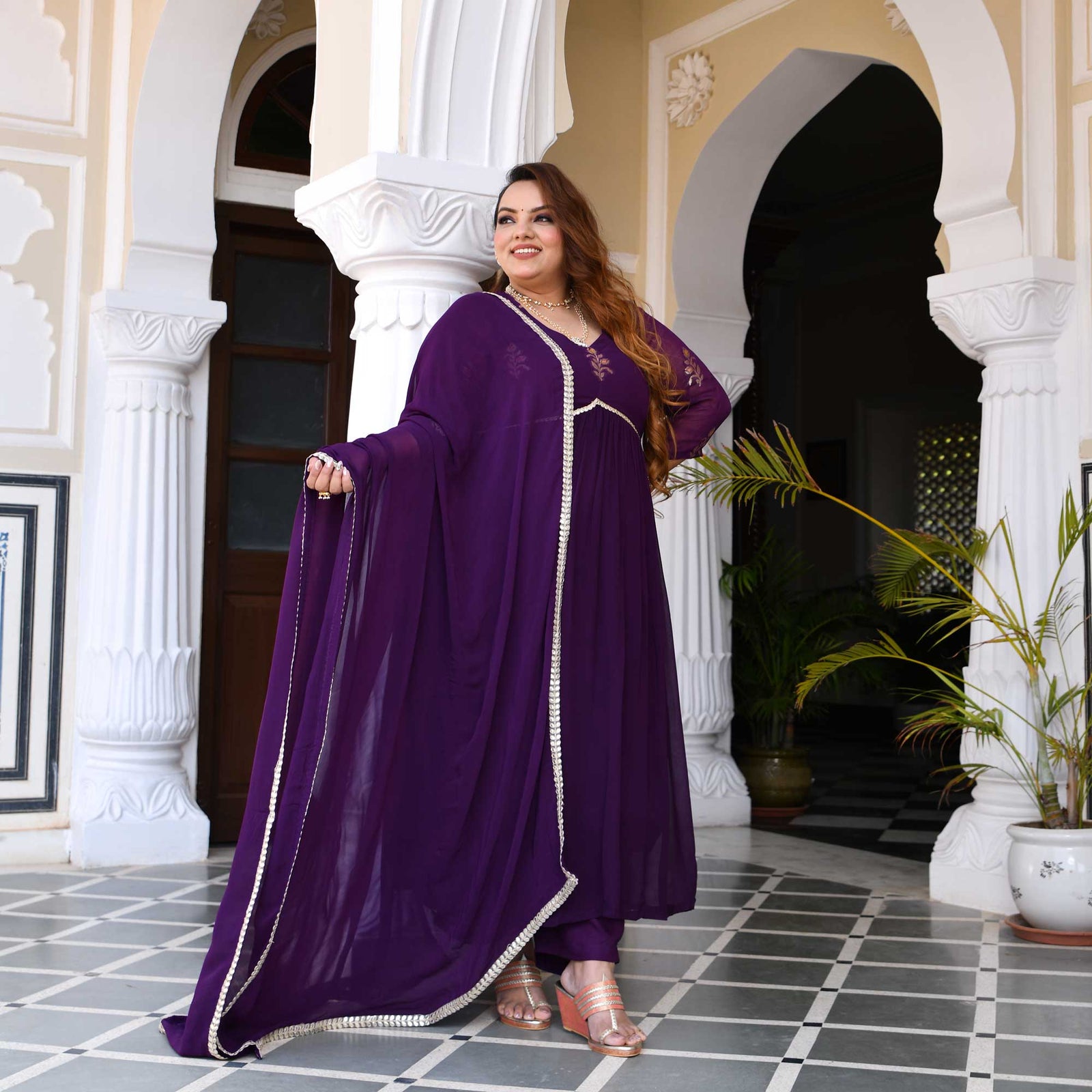 Buy Deep Purple Banarasi Alia Cut Georgette Suit Set | Meera Plus Size