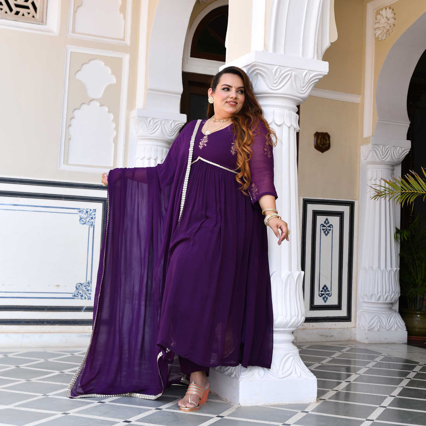 Buy Deep Purple Banarasi Alia Cut Georgette Suit Set | Meera Plus Size