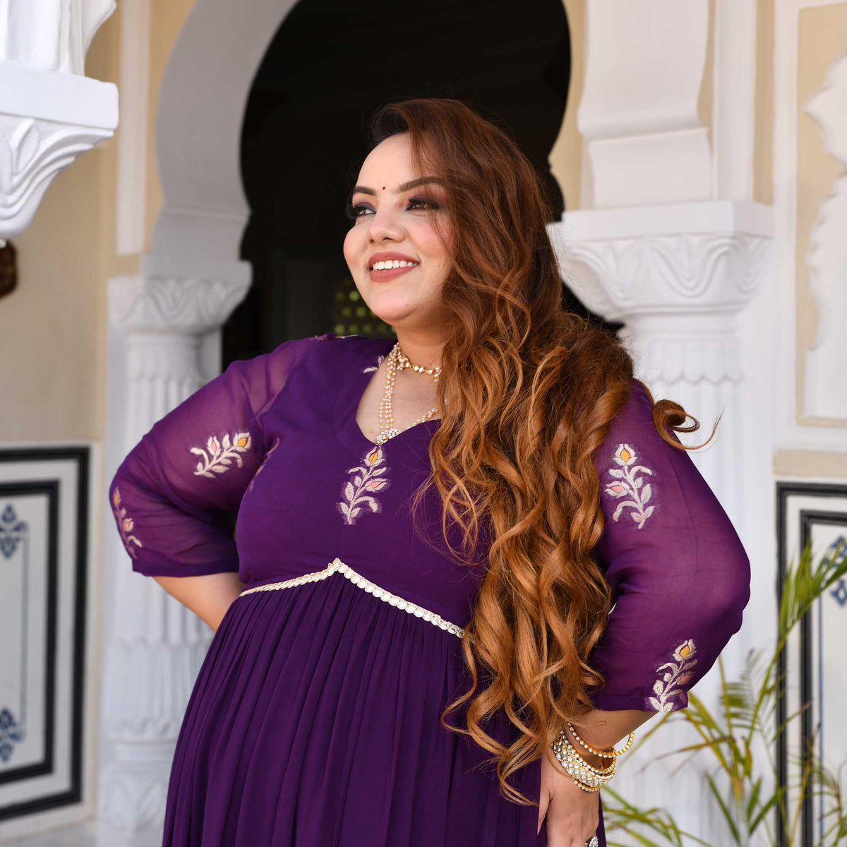 Buy Deep Purple Banarasi Alia Cut Georgette Suit Set | Meera Plus Size