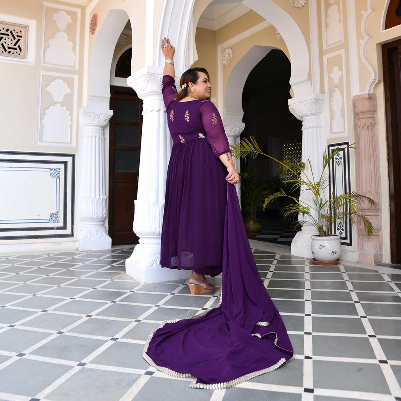 Buy Deep Purple Banarasi Alia Cut Georgette Suit Set | Meera Plus Size