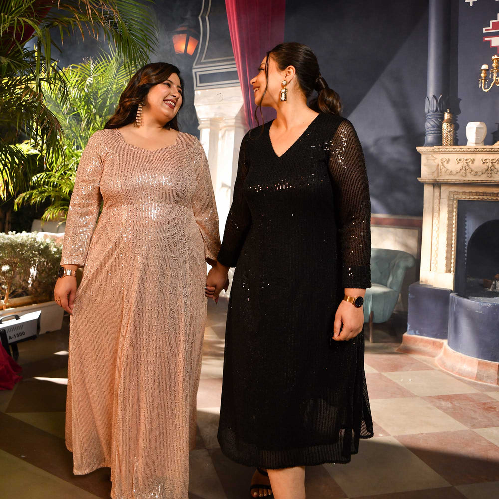 Buy Lustrous Black Sequin Net Stretchable Aline Dress | Meera Plus Size