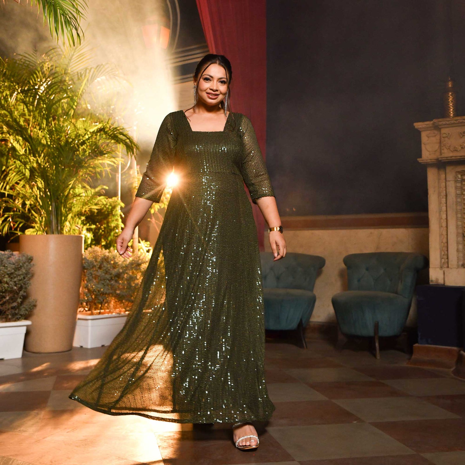Buy Olive Green Luxe Sequin Net Stretchable Dress | Meera Plus Size