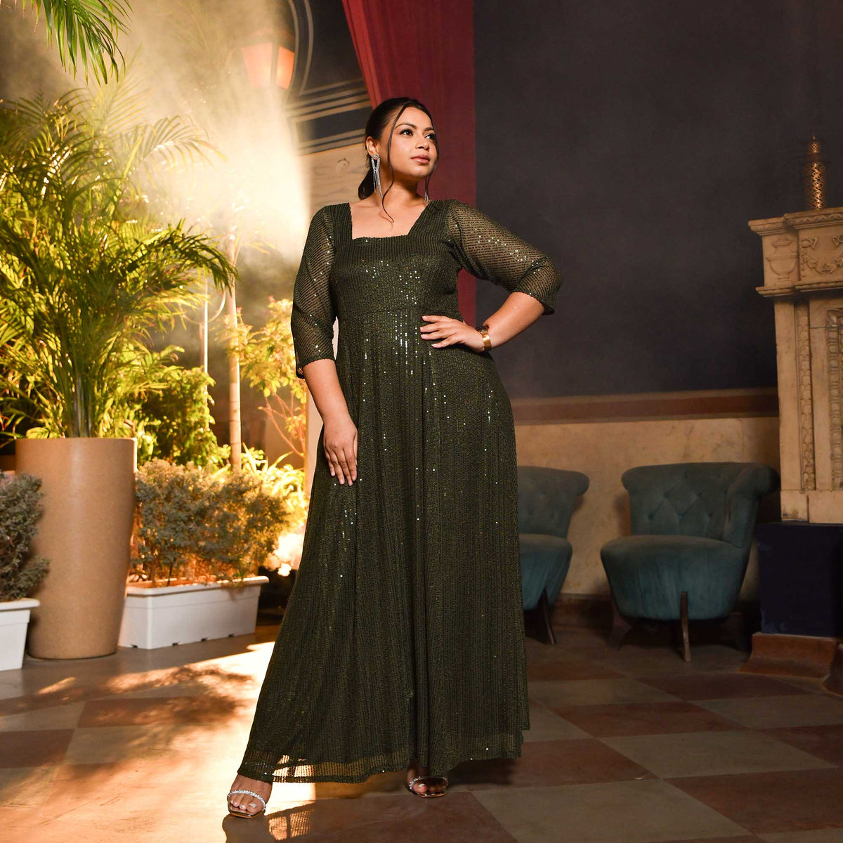 Buy Olive Green Luxe Sequin Net Stretchable Dress | Meera Plus Size