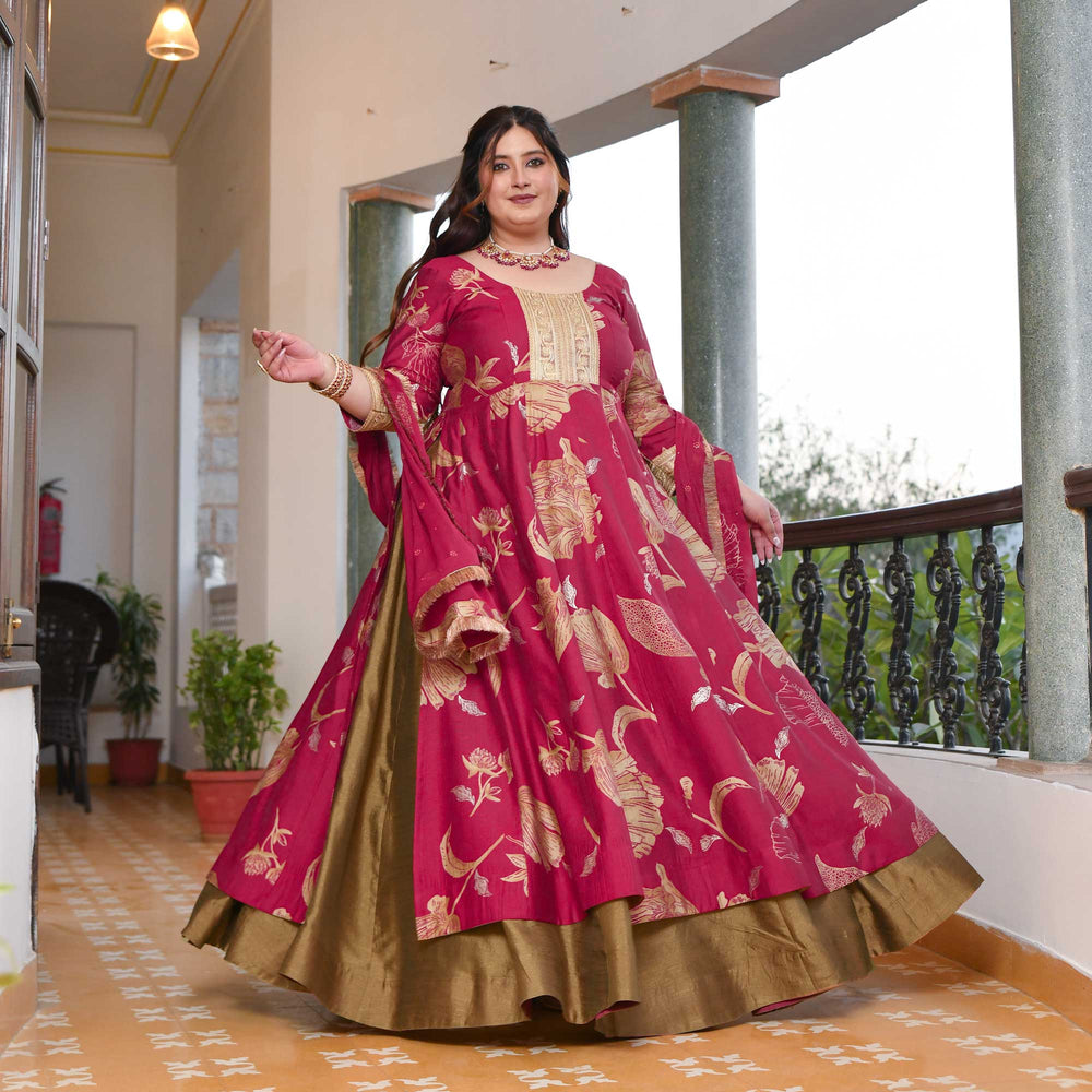 Buy Shiraz- Magenta Pink & Copper Slit Anarkali Lehenga Set | Meera ...