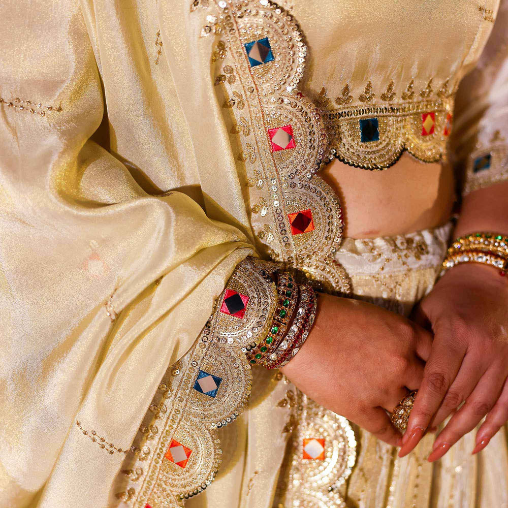 Buy CHAND TARA Off-White & Gold Sequin Embroidered Lehenga Set | Meera ...