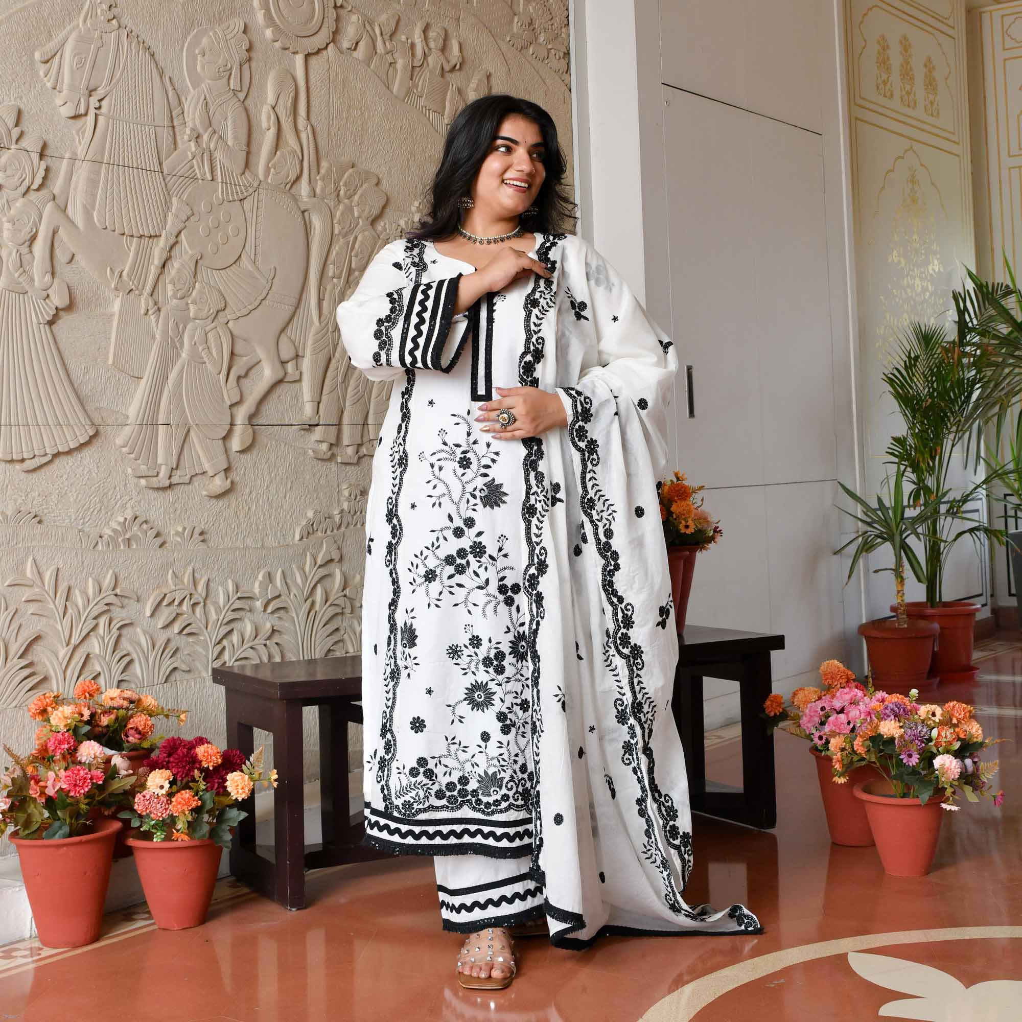 Tara – White & Black Cotton Plus Size Embroidered Suit Set | Meera's