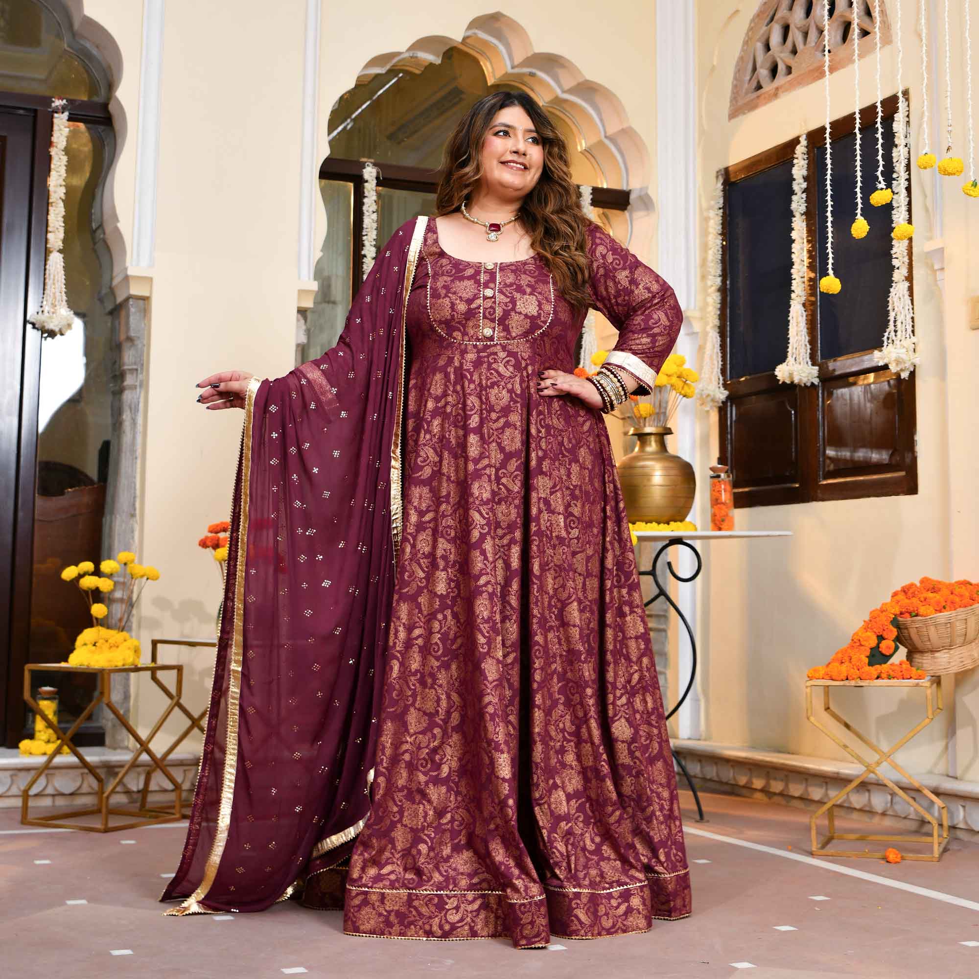Shagun Wine Gold Block Print Rayon Anarkali | Plus Size Festive Wear