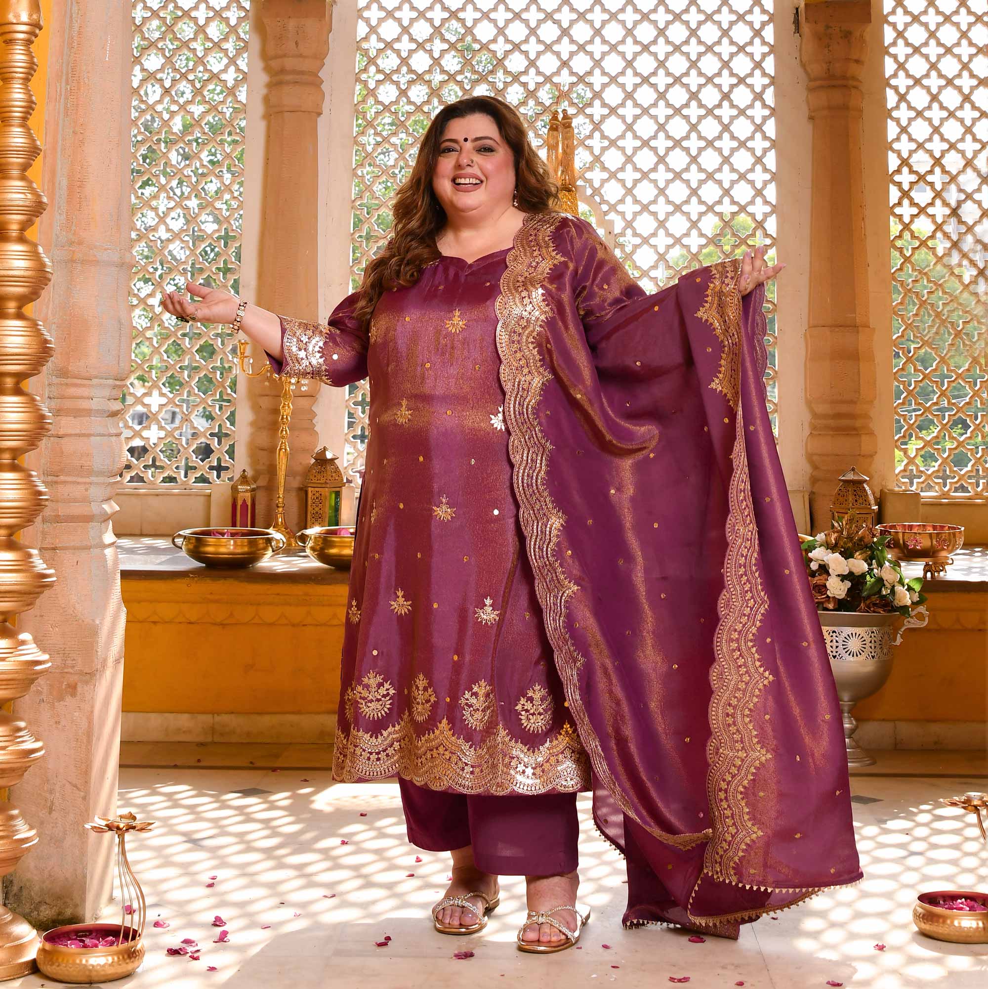 Buy Berry Divine Purple Pure Tissue Silk Suit Set | Meera Plus Size